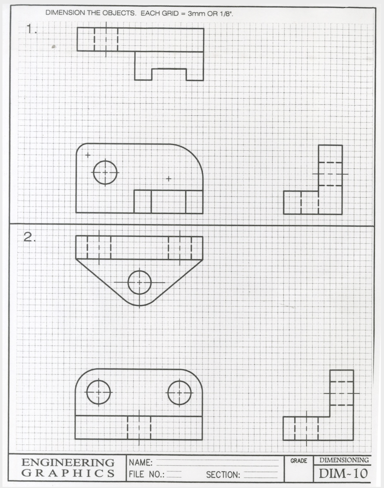 Solved DIMENSION THE OBJECTS. EACH GRID = 3mm OR 1/8". 1. + | Chegg.com