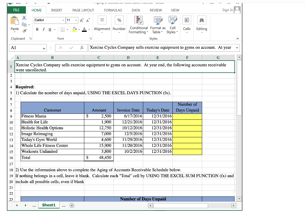 Solved Aging of Accounts Receivable Method using Excel's SUM | Chegg.com