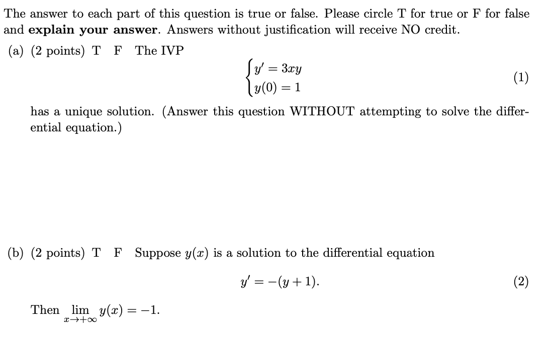 Solved The answer to each part of this question is true or | Chegg.com