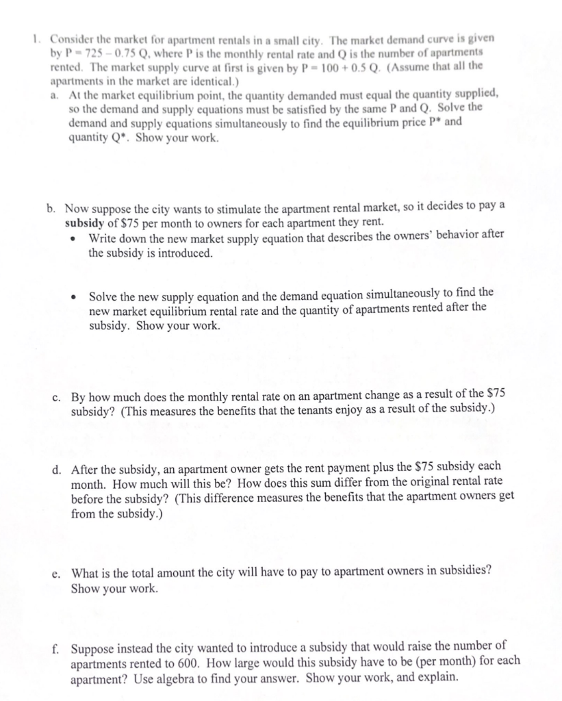 Solved 1. Consider the market for apartment rentals in a | Chegg.com