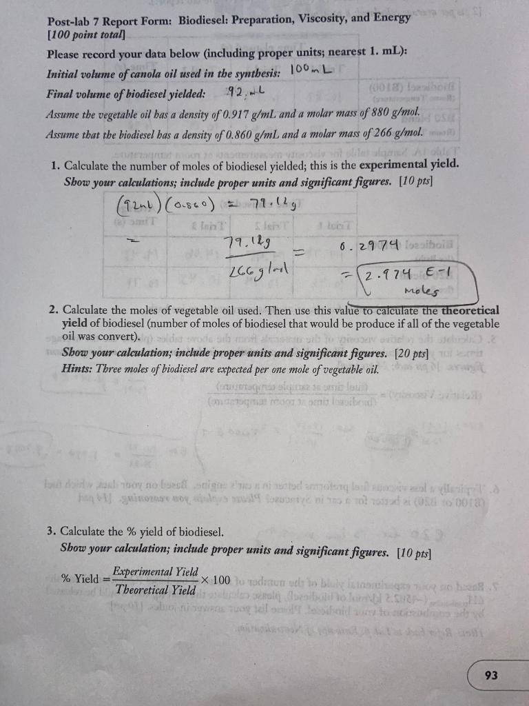 Solved Post-lab 7 Report Form: Biodiesel: Preparation, | Chegg.com