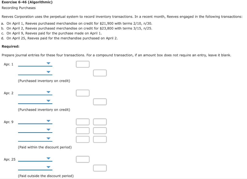 Solved Exercise 6-46 (Algorithmic) Recording Purchases | Chegg.com