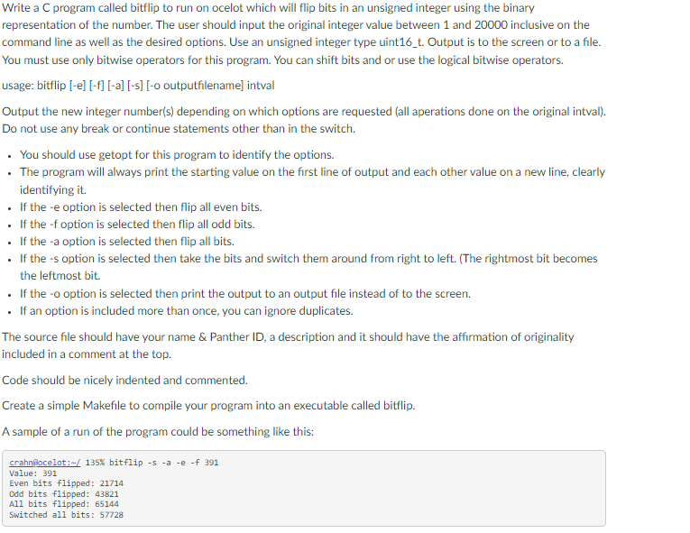 Solved Write a C program called bitflip to run on ocelot | Chegg.com