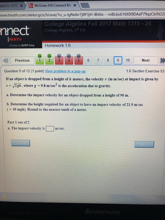 Solved If An Object Is Dropped From A Height Of H Meters