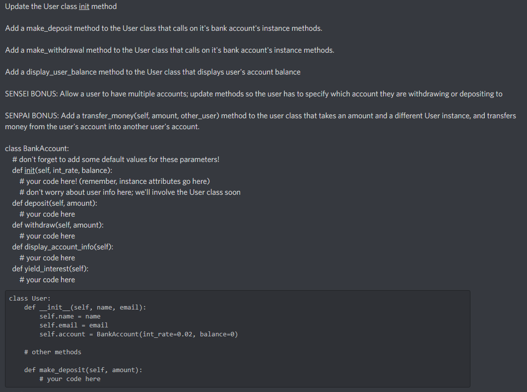 Solved Update the User class init method Add a make_deposit | Chegg.com