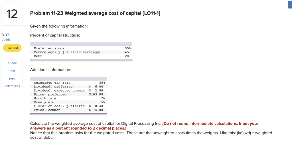Solved Problem 11-23 Weighted average cost of capital | Chegg.com