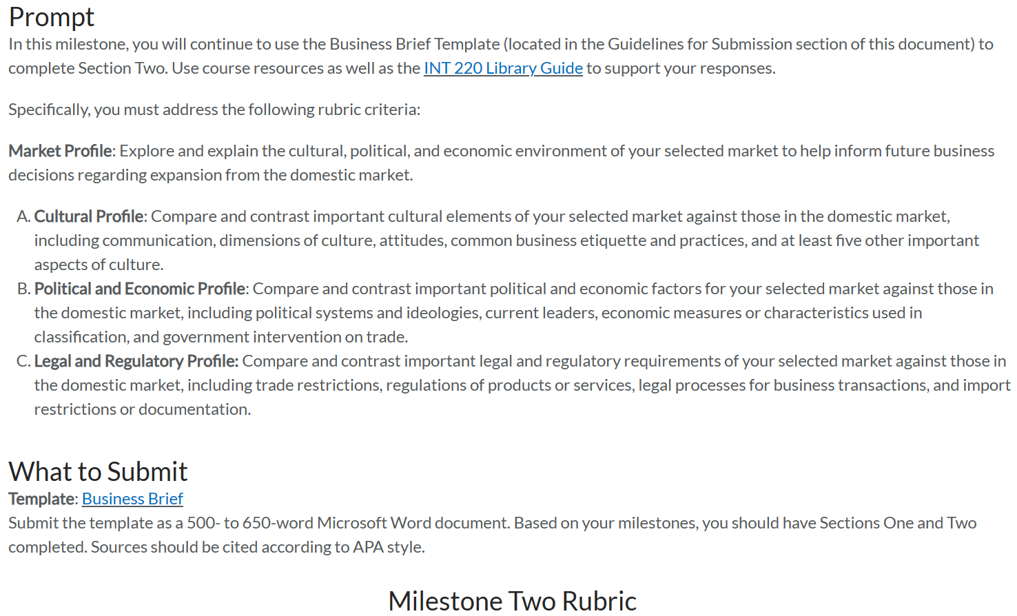 Solved INT 220 Milestone Two Guidelines and Rubric Overview | Chegg.com