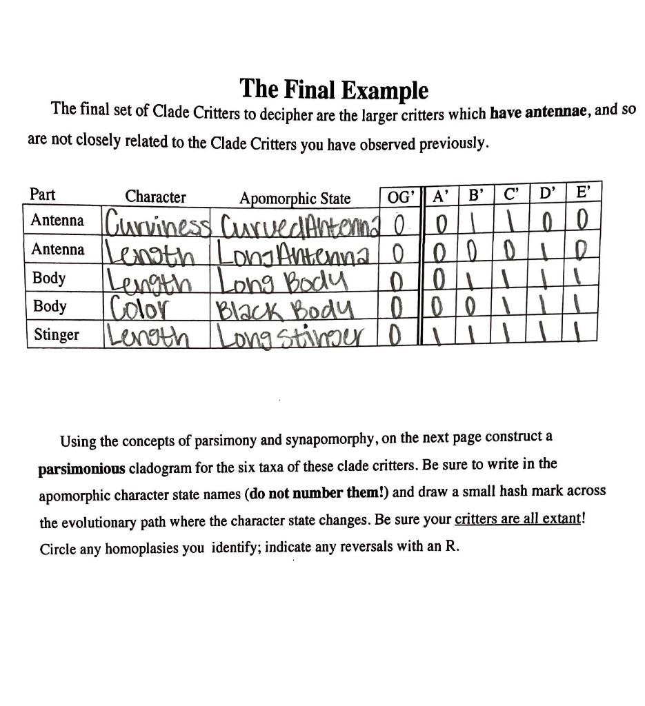 Solved The Final Example The final set of Clade Critters to | Chegg.com