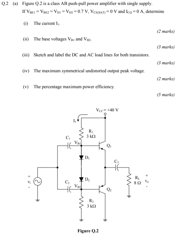 Solved Q.2 (a) Figure Q.2 is a class AB push-pull power | Chegg.com