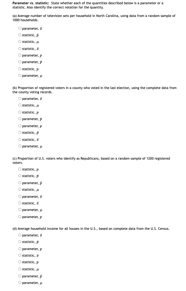 Solved Parameter vs. statistic: State whether each of the | Chegg.com