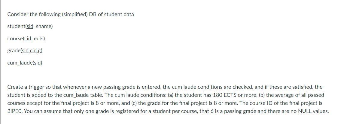 Consider the following (simplified) DB of student | Chegg.com
