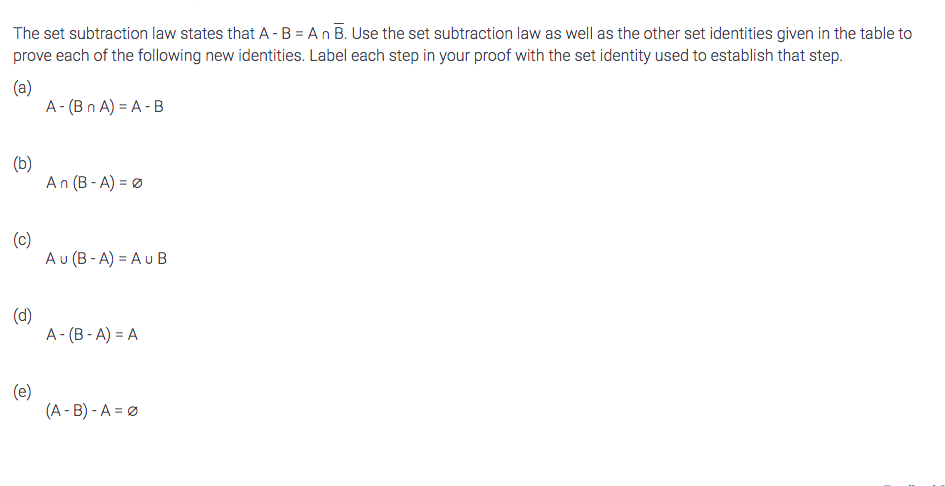 Solved The set subtraction law states that A-B = An B. Use | Chegg.com