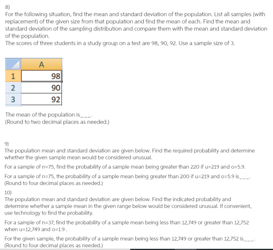 Solved 8) For the following situation, find the mean and | Chegg.com