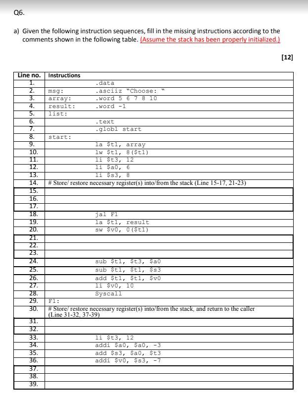 Solved Q6. a) Given the following instruction sequences, | Chegg.com