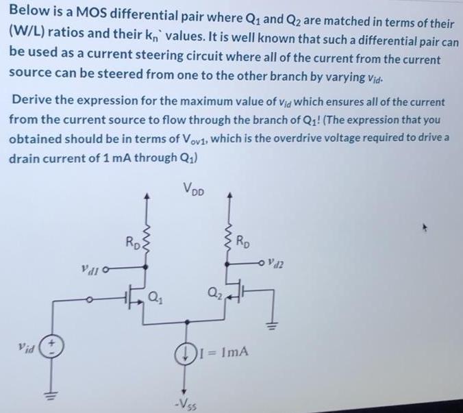Solved Below is a MOS differential pair where Q1 and Q2 are | Chegg.com