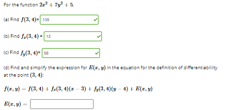 Solved For the function 2x2+7y2+5, (a) Find f(3,4)= (b) Find | Chegg.com
