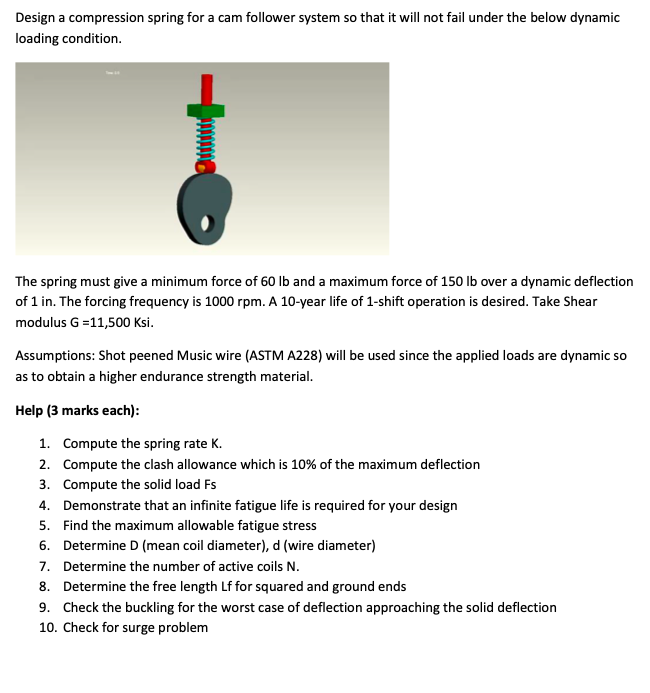Design a compression spring for a cam follower system | Chegg.com