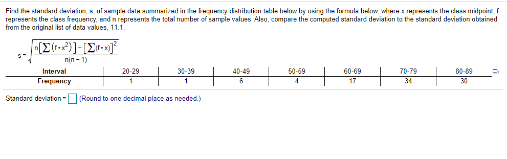 Solved Find the standard deviation, s, of sample data | Chegg.com