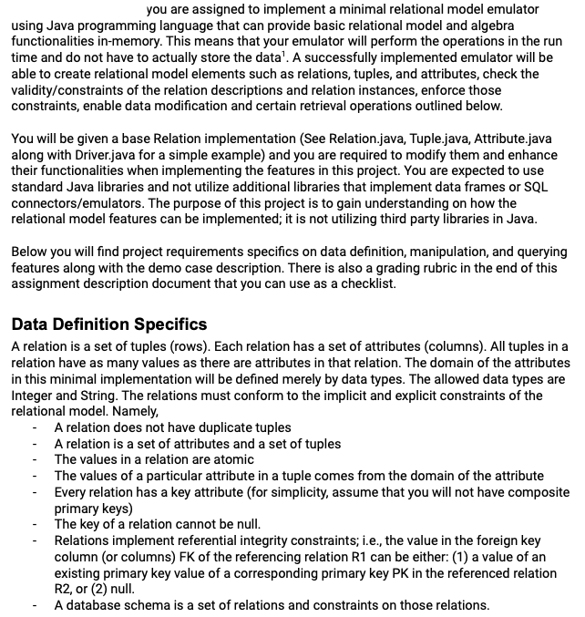 you are assigned to implement a minimal relational | Chegg.com