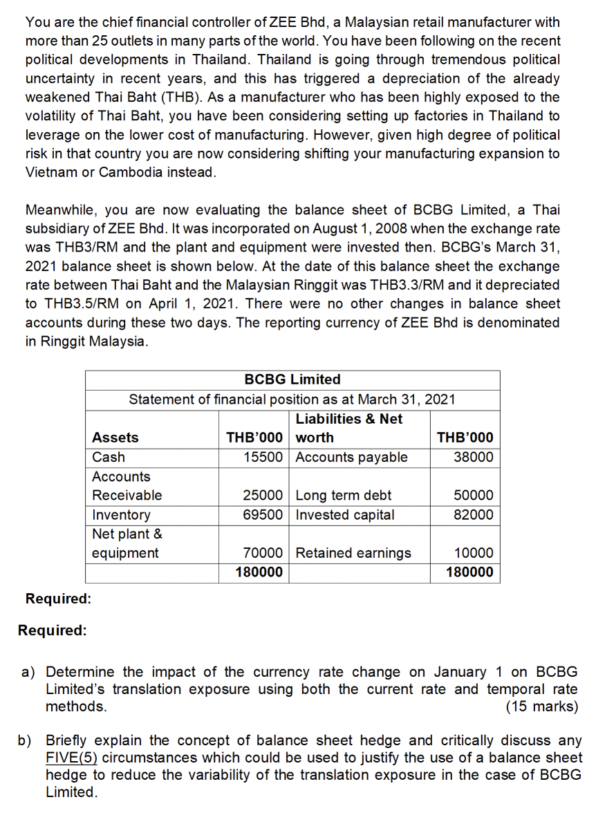 You are the chief financial controller of ZEE Bhd, a | Chegg.com