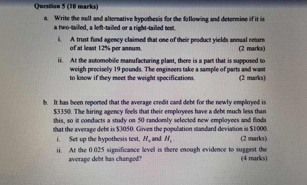Solved Question 5 (10 marks) a Write the null and | Chegg.com