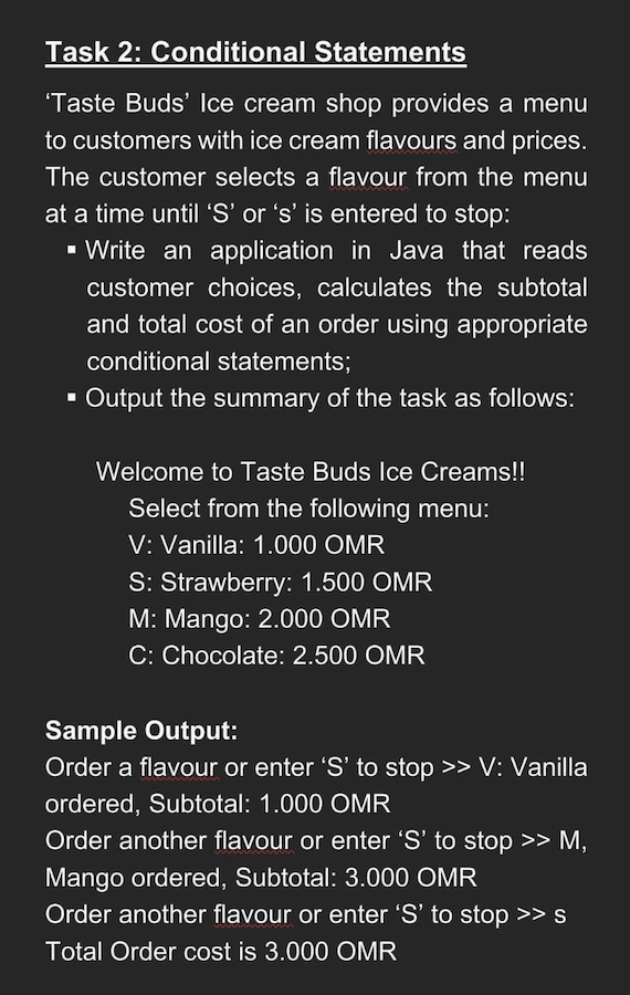 Solved Task 2: Conditional Statements 'Taste Buds' Ice cream | Chegg.com