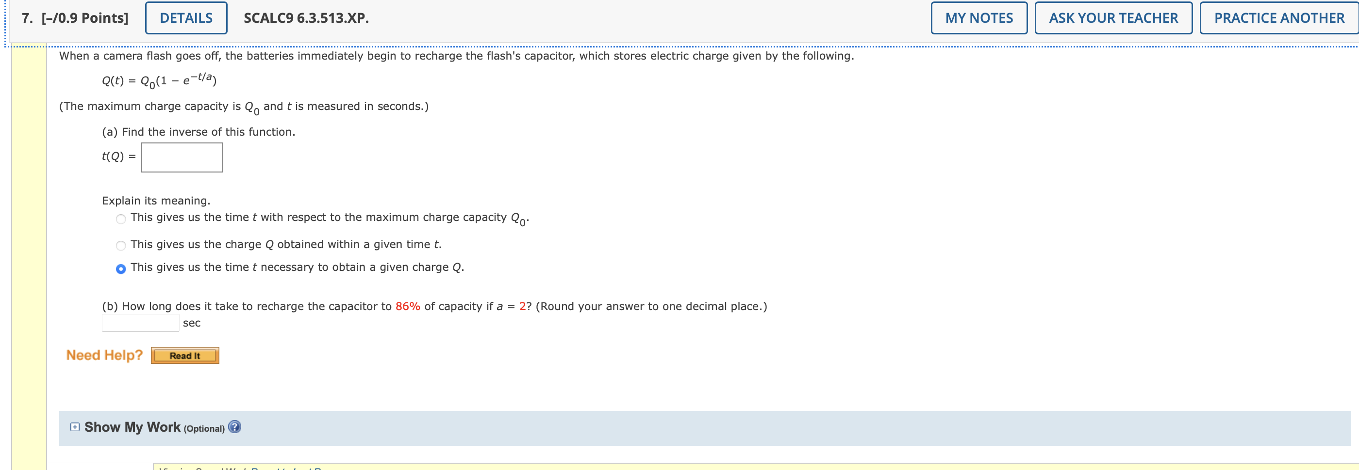 Solved Q(t)=Q0(1−e−t/a) (The maximum charge capacity is Q0 | Chegg.com