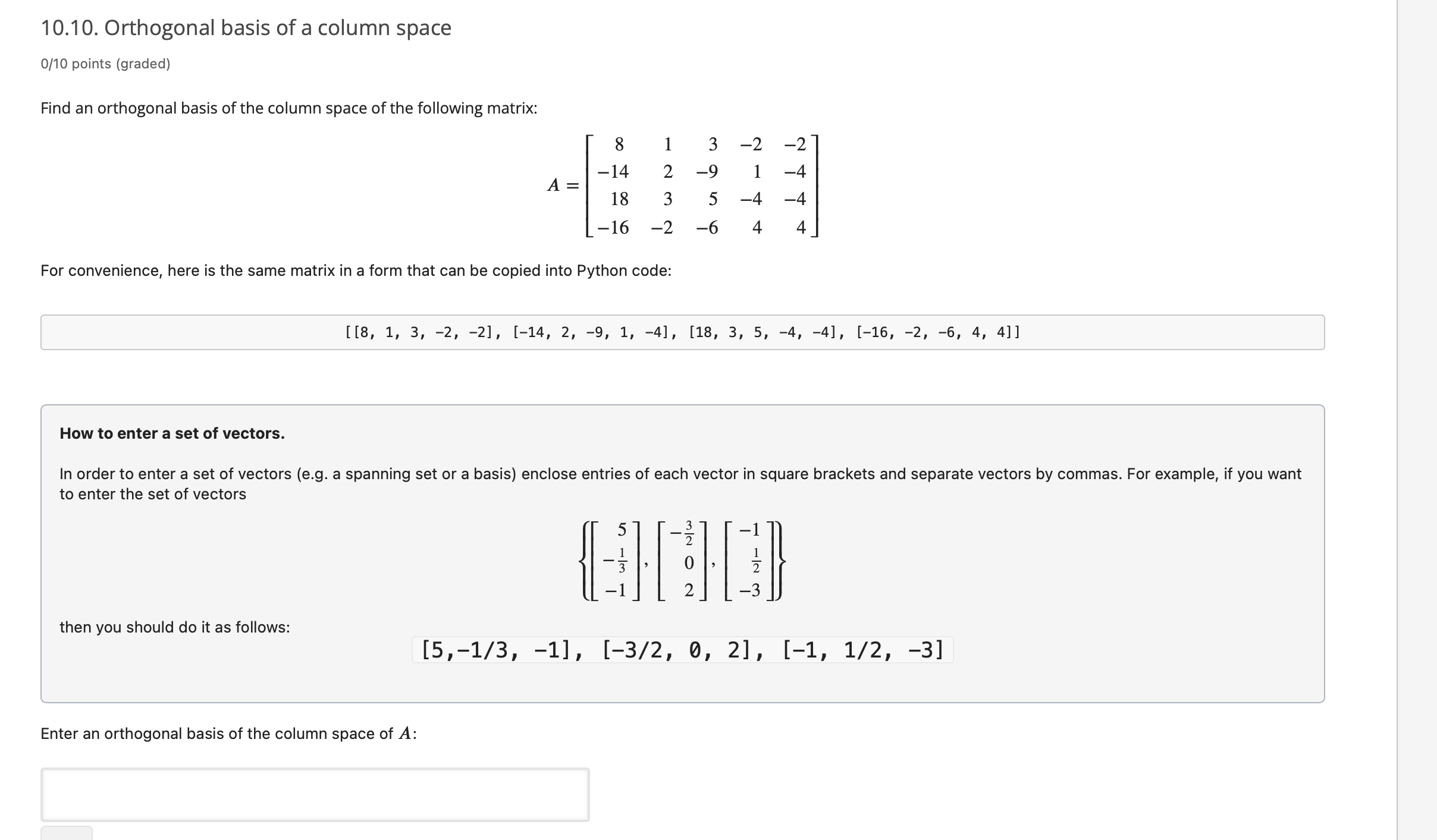 Solved 10.10. Orthogonal basis of a column space 0/10 points | Chegg.com