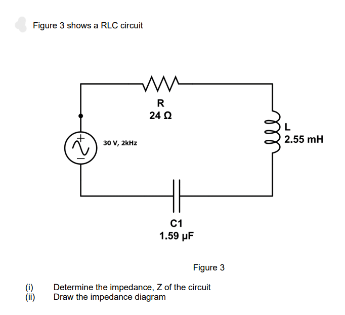 Solved Figure 3 shows a RLC circuit ee 30 V, 2kHz ww R 24 Ω | Chegg.com
