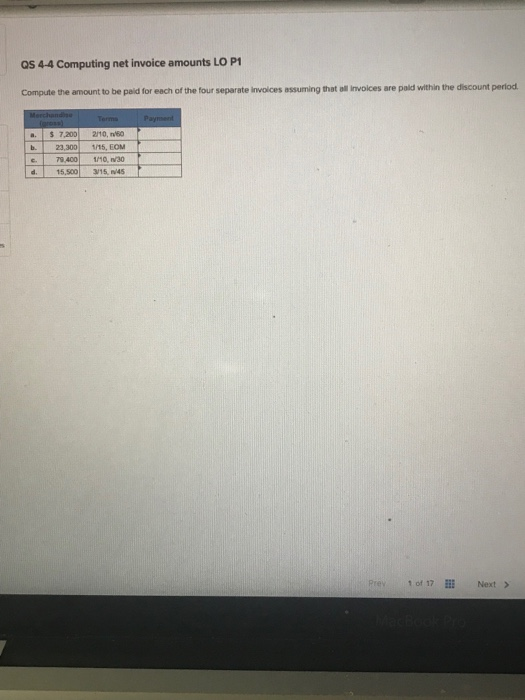 Solved QS 4-4 Computing net invoice amounts LO P Compute the | Chegg.com