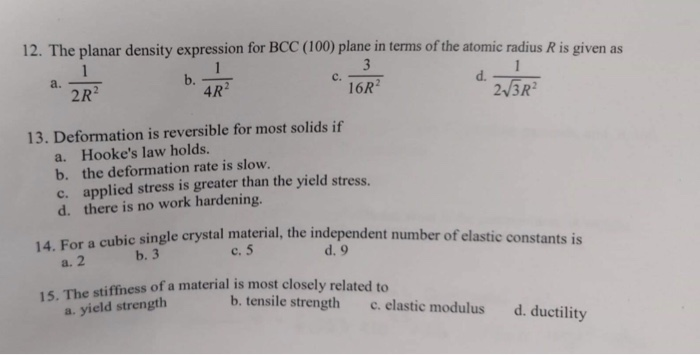 Solved 12. The planar density expression for BCC (100) plane | Chegg.com