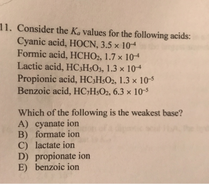 Solved 11. Consider the Ka values for the following acids: | Chegg.com