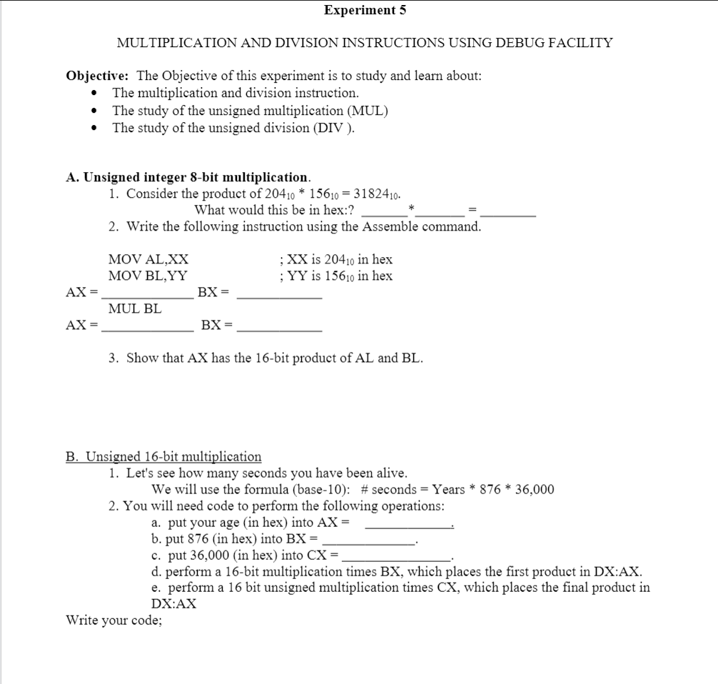 Experiment 5MULTIPLICATION AND DIVISION INSTRUCTIONS | Chegg.com
