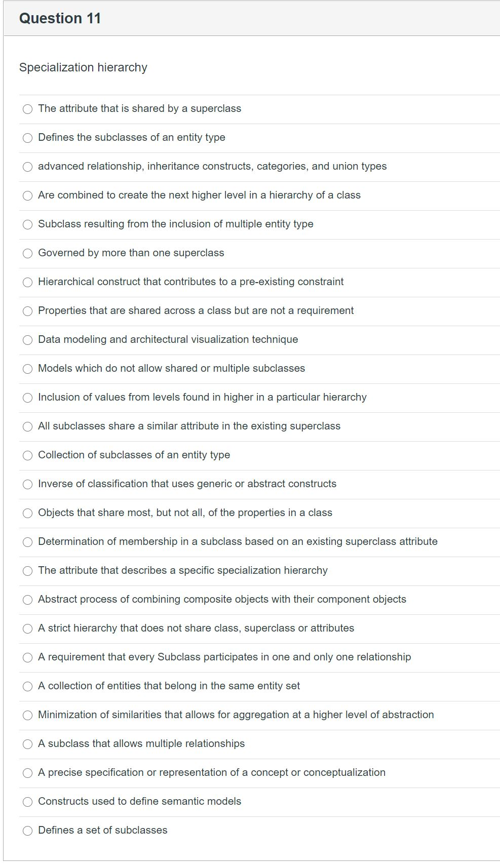 Solved Question 11 Specialization hierarchy The attribute | Chegg.com