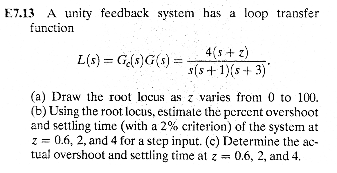 Solved E7.13 A unity feedback system has a loop transfer | Chegg.com