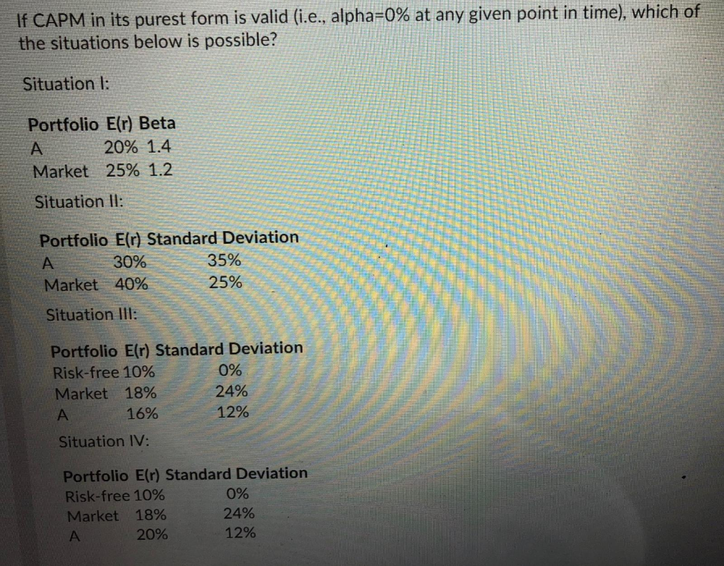 Solved If CAPM in its purest form is valid (i.e., alpha=0% | Chegg.com