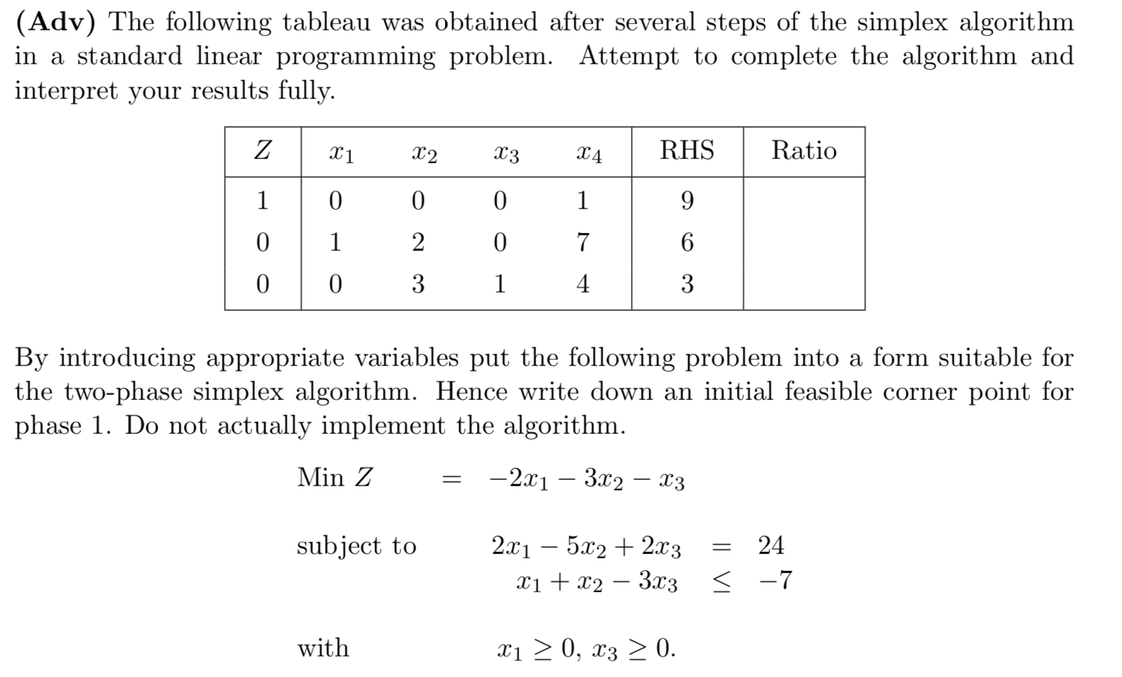 Solved (Adv) The following tableau was obtained after | Chegg.com