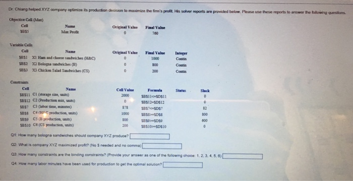 Solved Dr. Chiang helped XYZ company optimize its production | Chegg.com