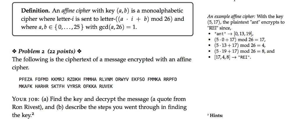 Definition. An affine cipher with key (a, b) is a | Chegg.com