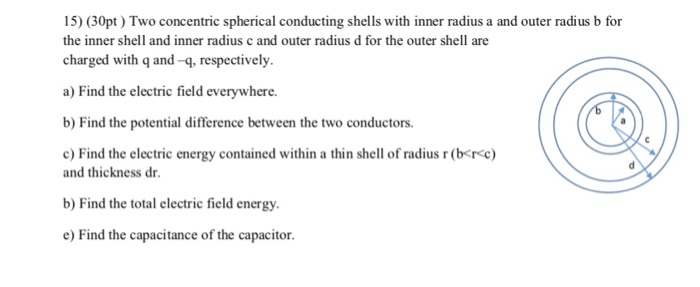 Solved 15) (30pt) Two concentric spherical conducting shells | Chegg.com