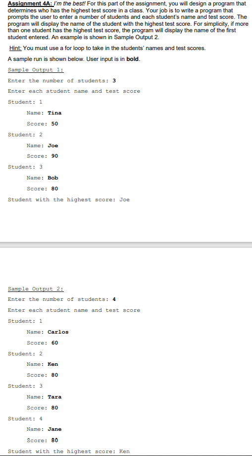 Solved Assignment 4A: I'm the best! For this part of the | Chegg.com