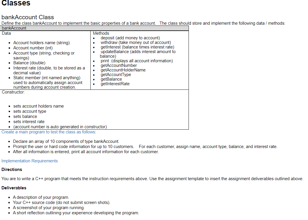 Solved Classes bankAccount Class Define the class | Chegg.com Solved Classes bankAccount Class Define the class | Chegg.com