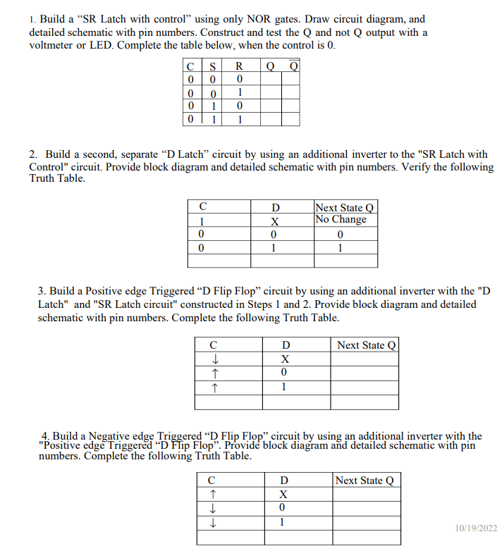 Solved 1. Build a "SR Latch with control" using only NOR | Chegg.com