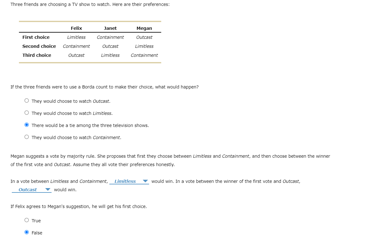 Solved Three friends are choosing a TV show to watch. Here | Chegg.com