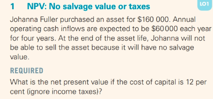 Solved LO1 NPV: No salvage value or taxes 1 Johanna Fuller | Chegg.com