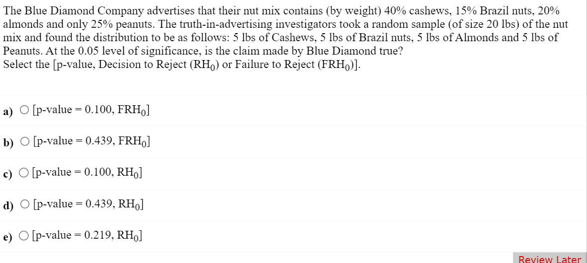 Solved The Blue Diamond Company advertises that their nut | Chegg.com