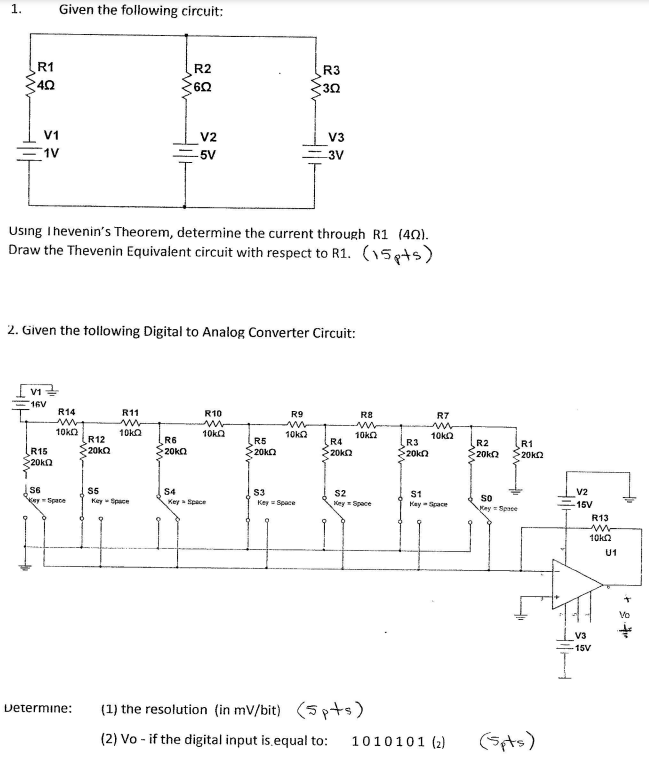Solved 1. Given the following circuit: R1 40 R2 60 R3 $30 V2 | Chegg.com