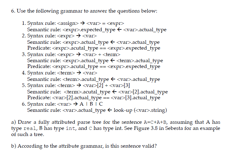 Solved 6. Use the following grammar to answer the questions | Chegg.com