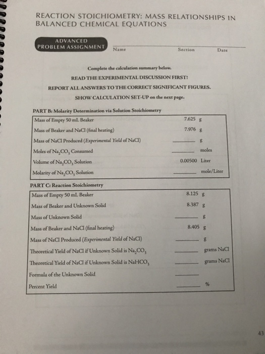 REACTION STOICHIOMETRY: MASS RELATIONSHIPS IN | Chegg.com