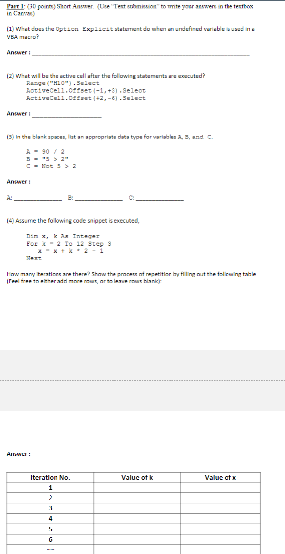 Solved Part 1: (30 points) Short Answer. (Use "Text | Chegg.com